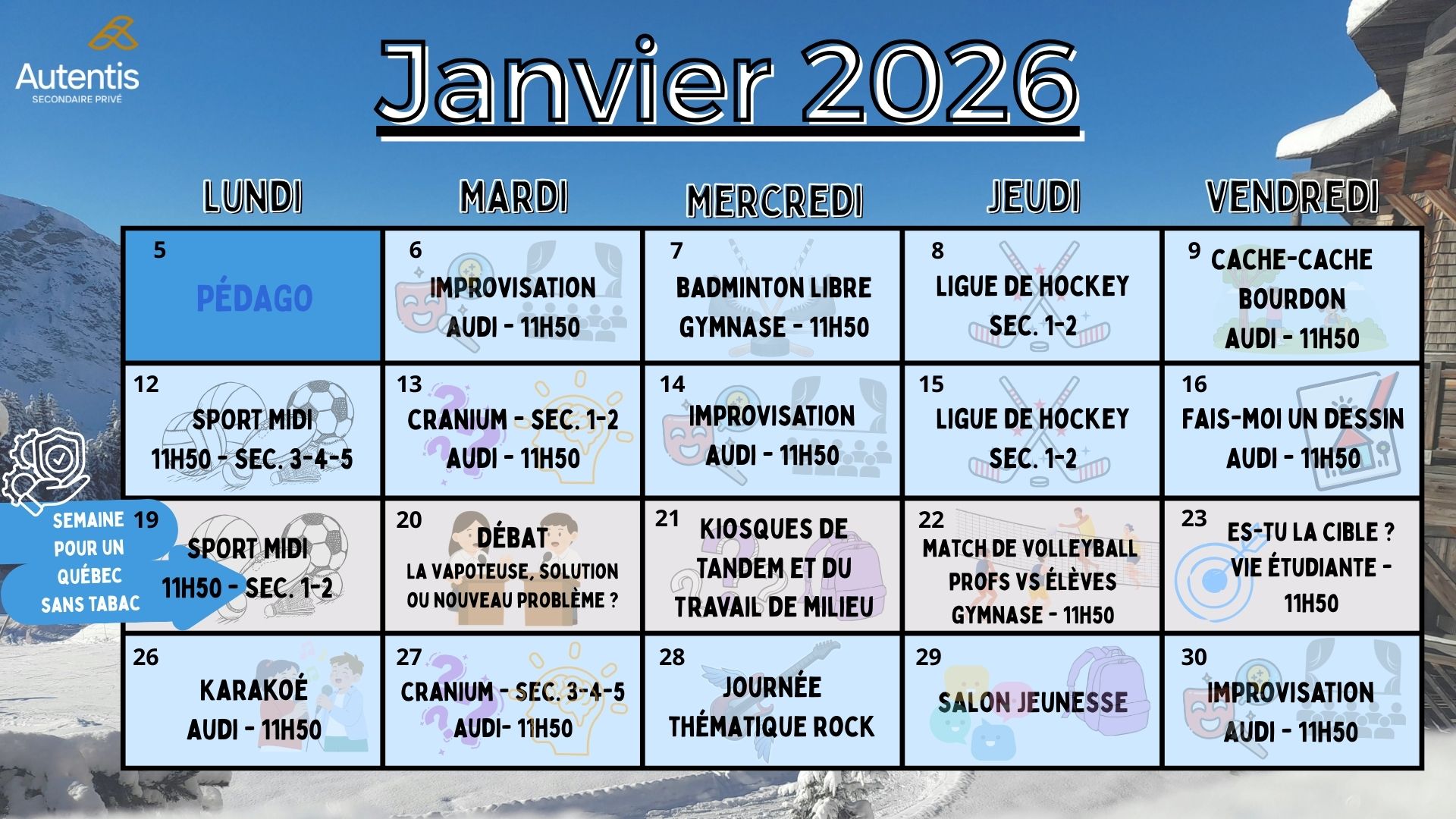 Calendrier des activités mensuelles | Autentis